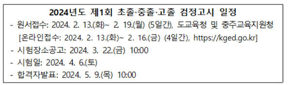 충북도교육청, 2024년도 제1회 초졸‧중졸‧고졸 검정고시 공고
